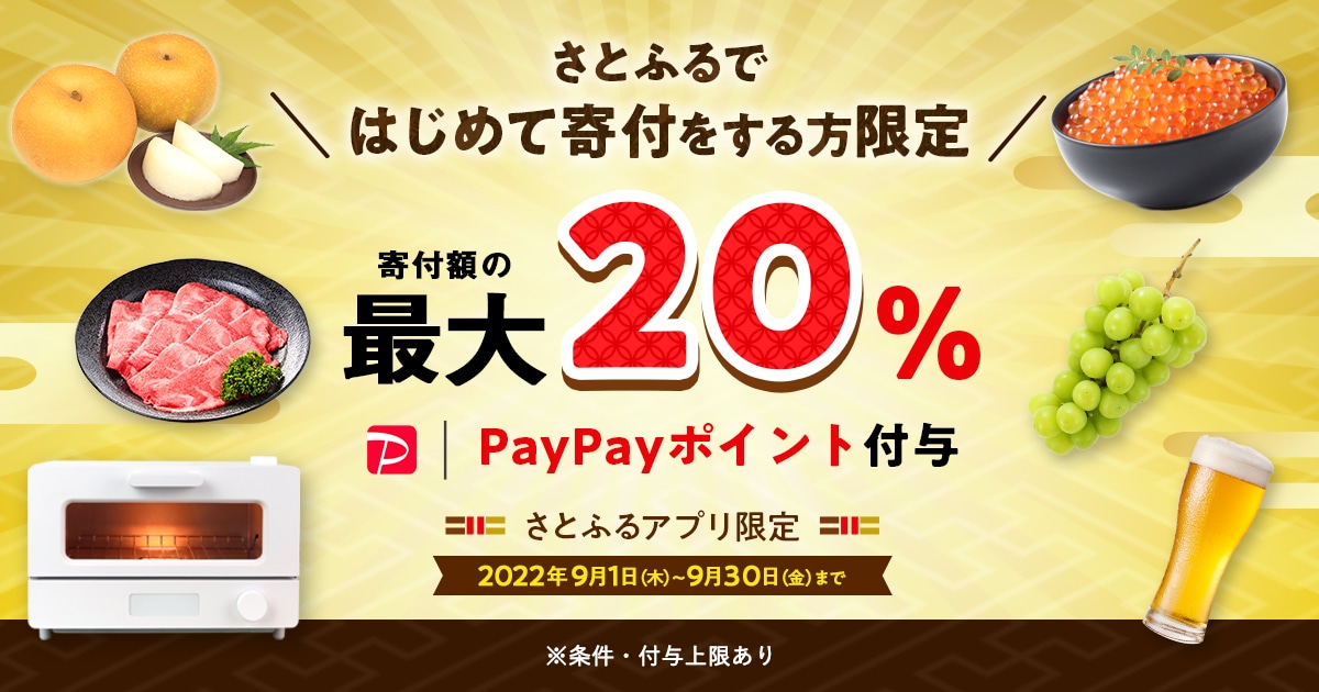 さとふるではじめて寄付をする方限定！寄付金額の最大20％PayPayポイント付与｜ふるさと納税サイト「さとふる」