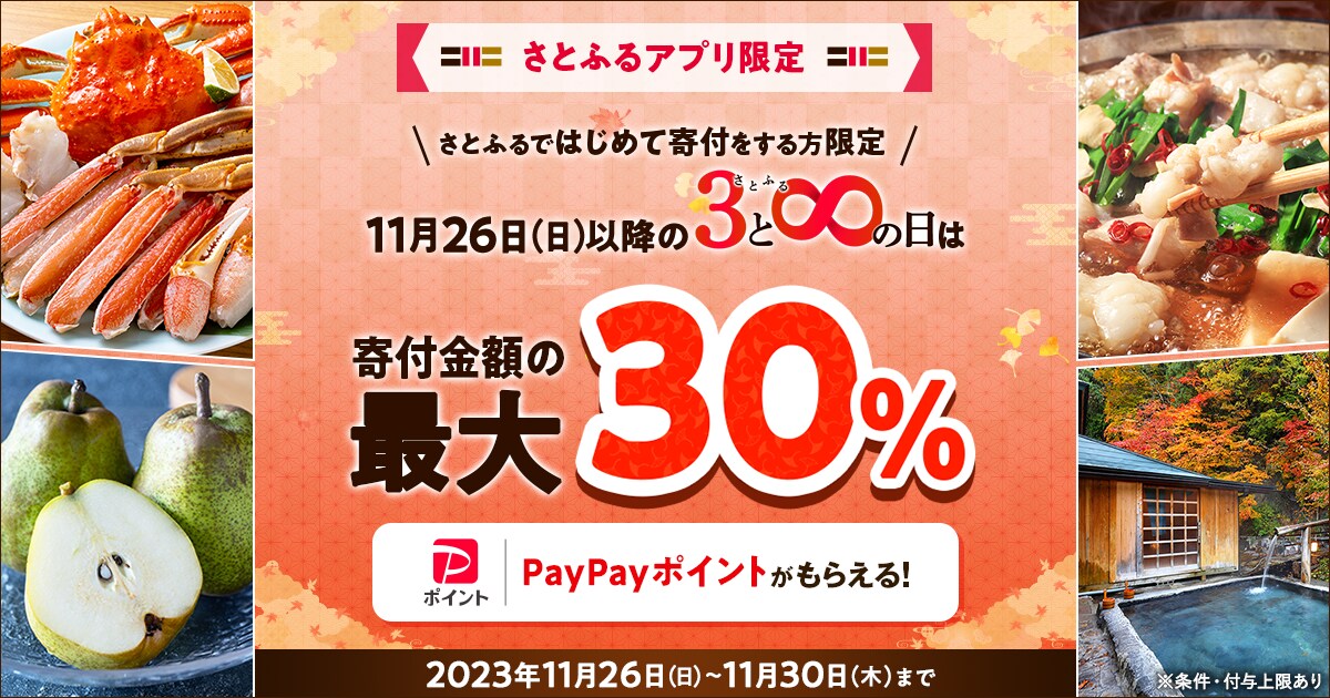 2023年11月 さとふるアプリで寄付金額の最大30％のPayPayポイント付与！ | ふるさと納税サイト「さとふる」